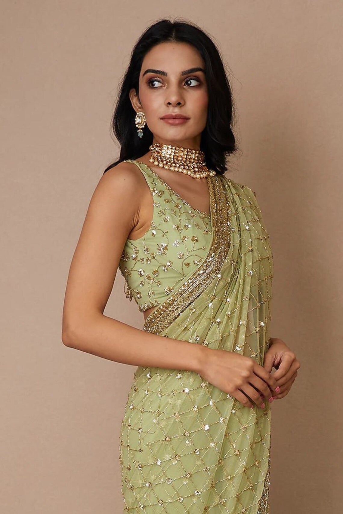 Designer Pista Green Net Saree for Women, Sequin Saree for Wedding ...