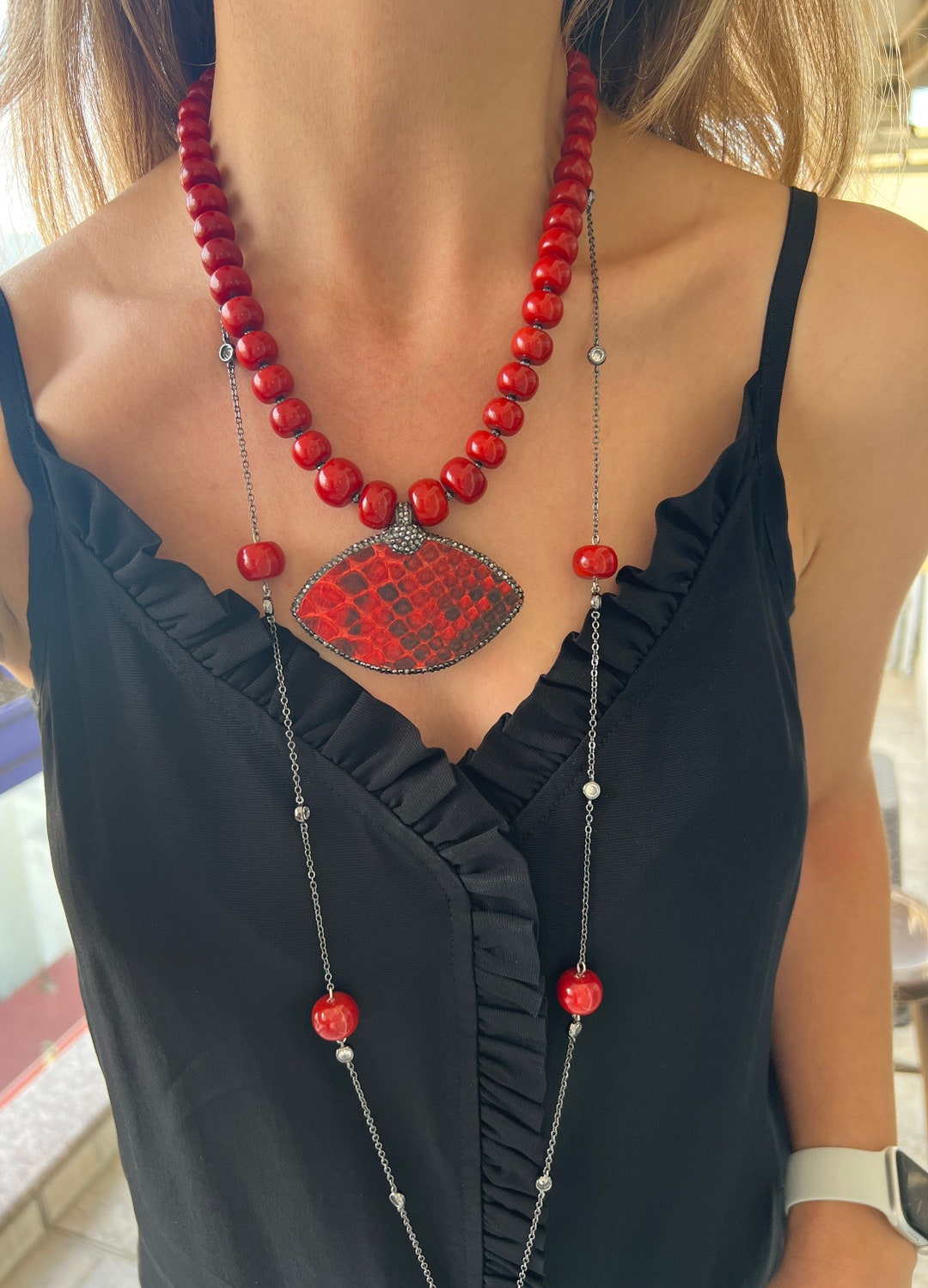 Coral Necklace Chain Long Necklace With Gemstones Red Christmas Jewelry Handmade Leather Pendant Necklace Birthday Gift for Women Etsy