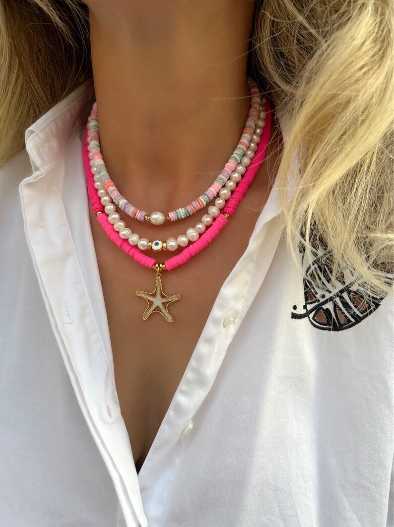 Fimo Beads Necklace Pink Fimo and Pearl Jewelry Handmade - Etsy