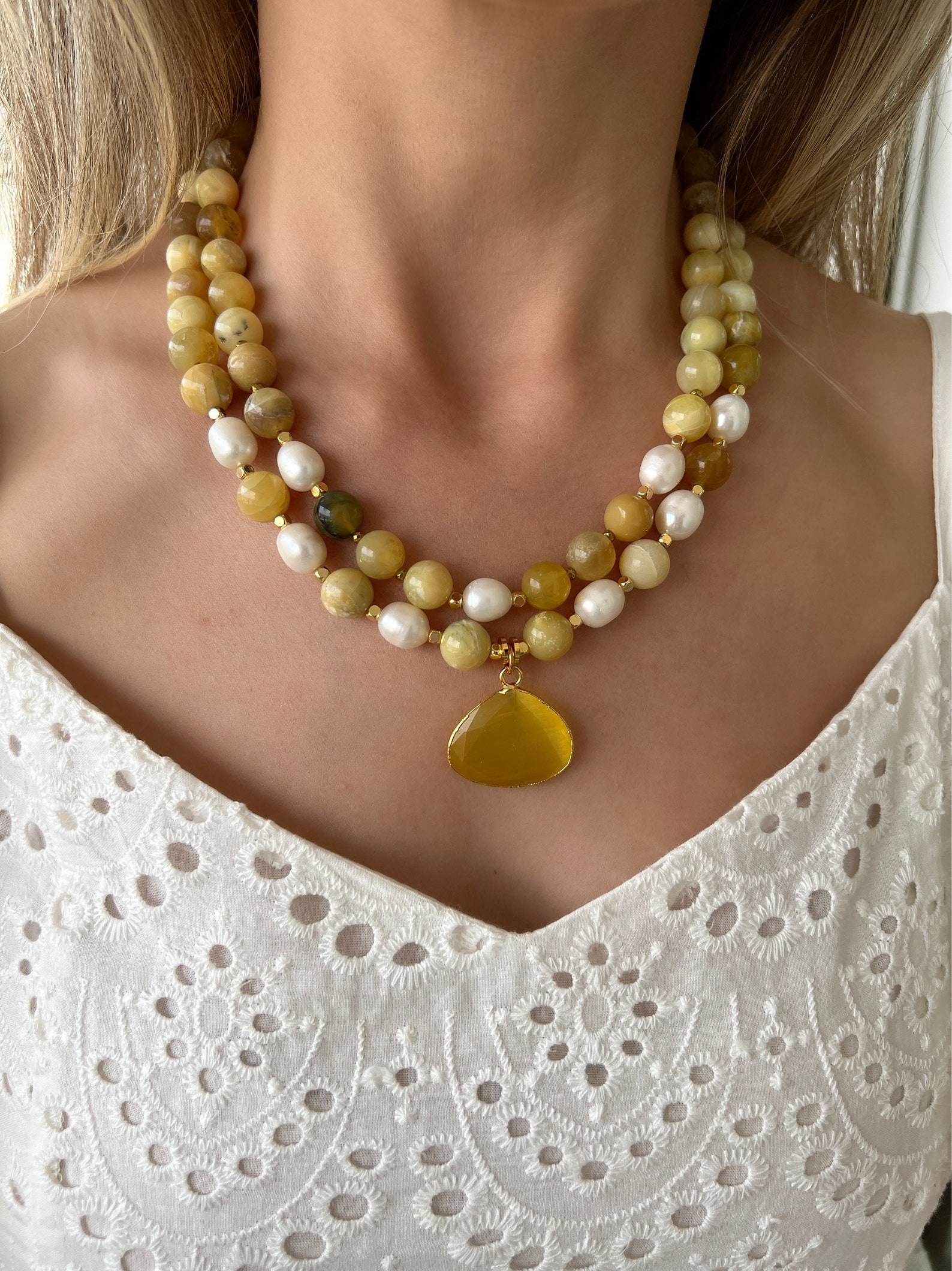 Opal Necklace Beaded Yellow Gemstone Jewelry Statement - Etsy