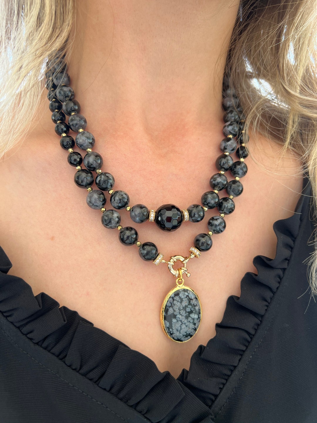Obsidian Necklace: Beaded Gemstone Jewelry, Birthstone Choker, Handmade ...