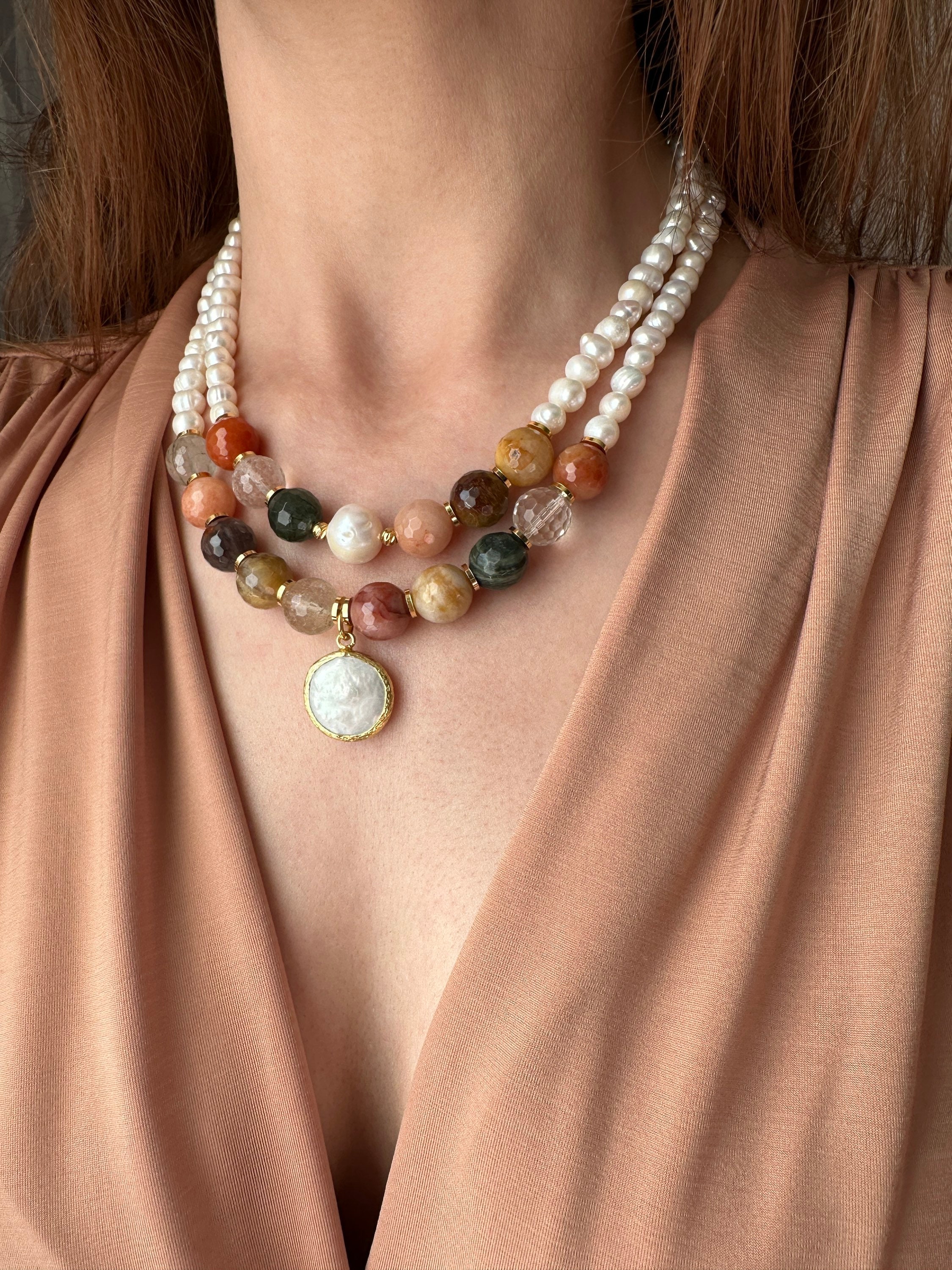 Pearl Necklace Statement Necklace Mix Crystal Jewelry for Women Mom Birthday Gift Handmade Jewelry