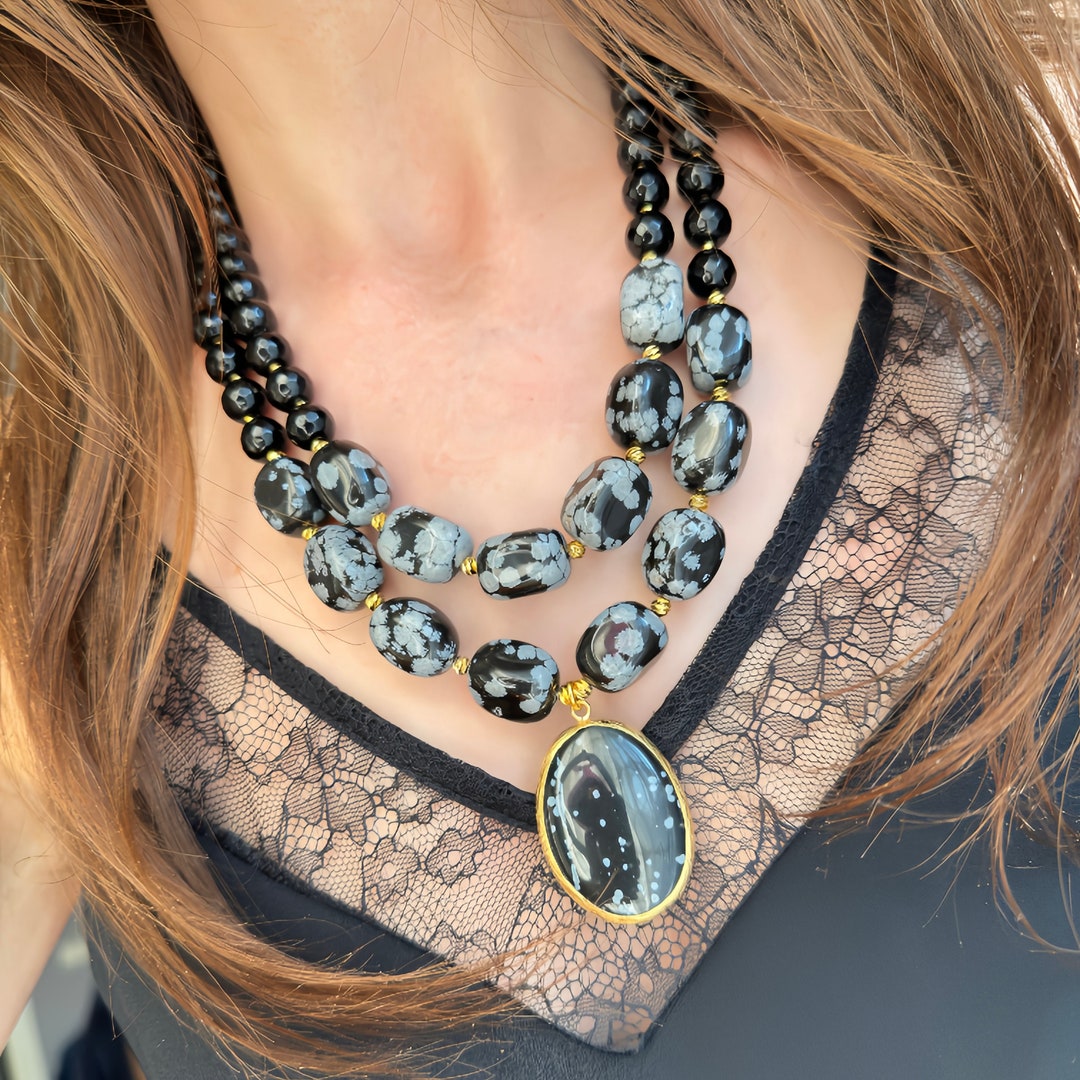 Obsidian Necklace, Big Bold Chunky Statement Necklace for Women, Black ...