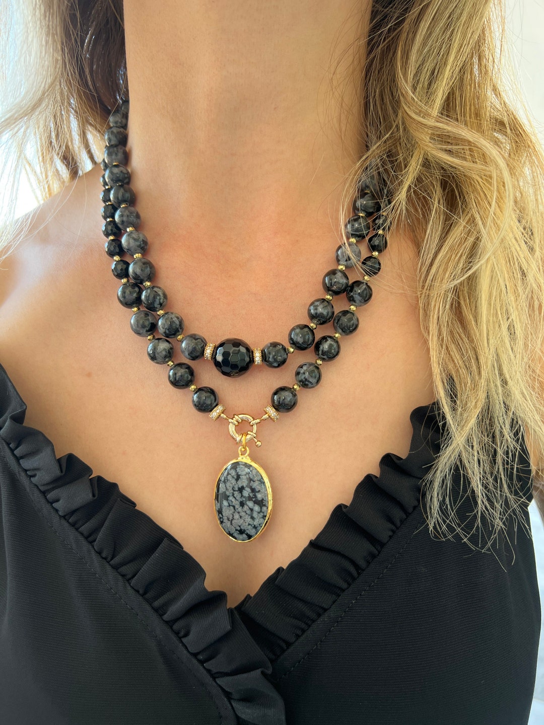 Obsidian Necklace, Beaded Black and Grey Gemstone Necklace, Onyx ...