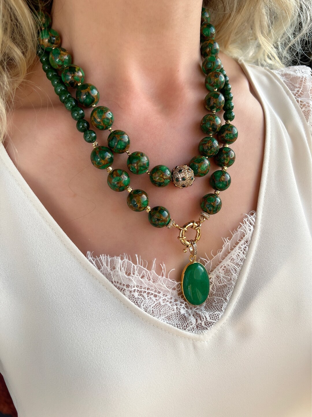 Jasper Necklace, Beaded Mix Gemstone Jewelry, Green Jasper and Agate ...