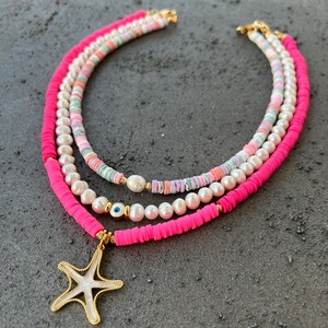 Fimo Beads Necklace Pink Fimo and Pearl Jewelry Handmade - Etsy