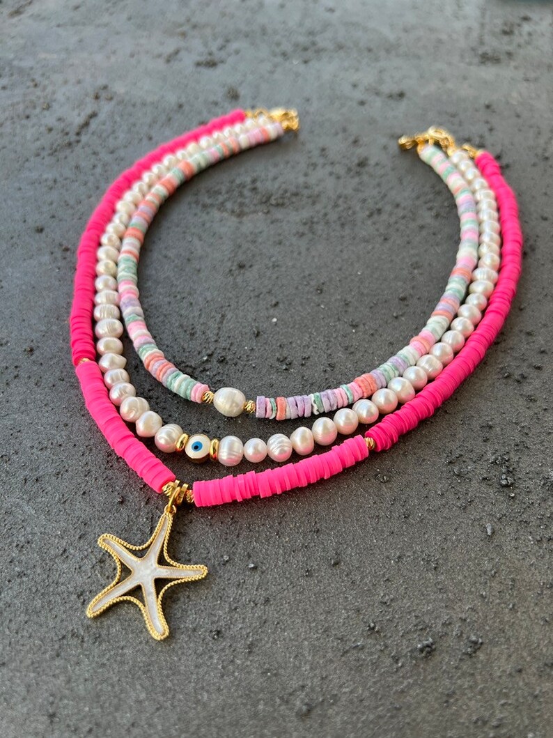 Fimo Beads Necklace Pink Fimo and Pearl Jewelry Handmade - Etsy