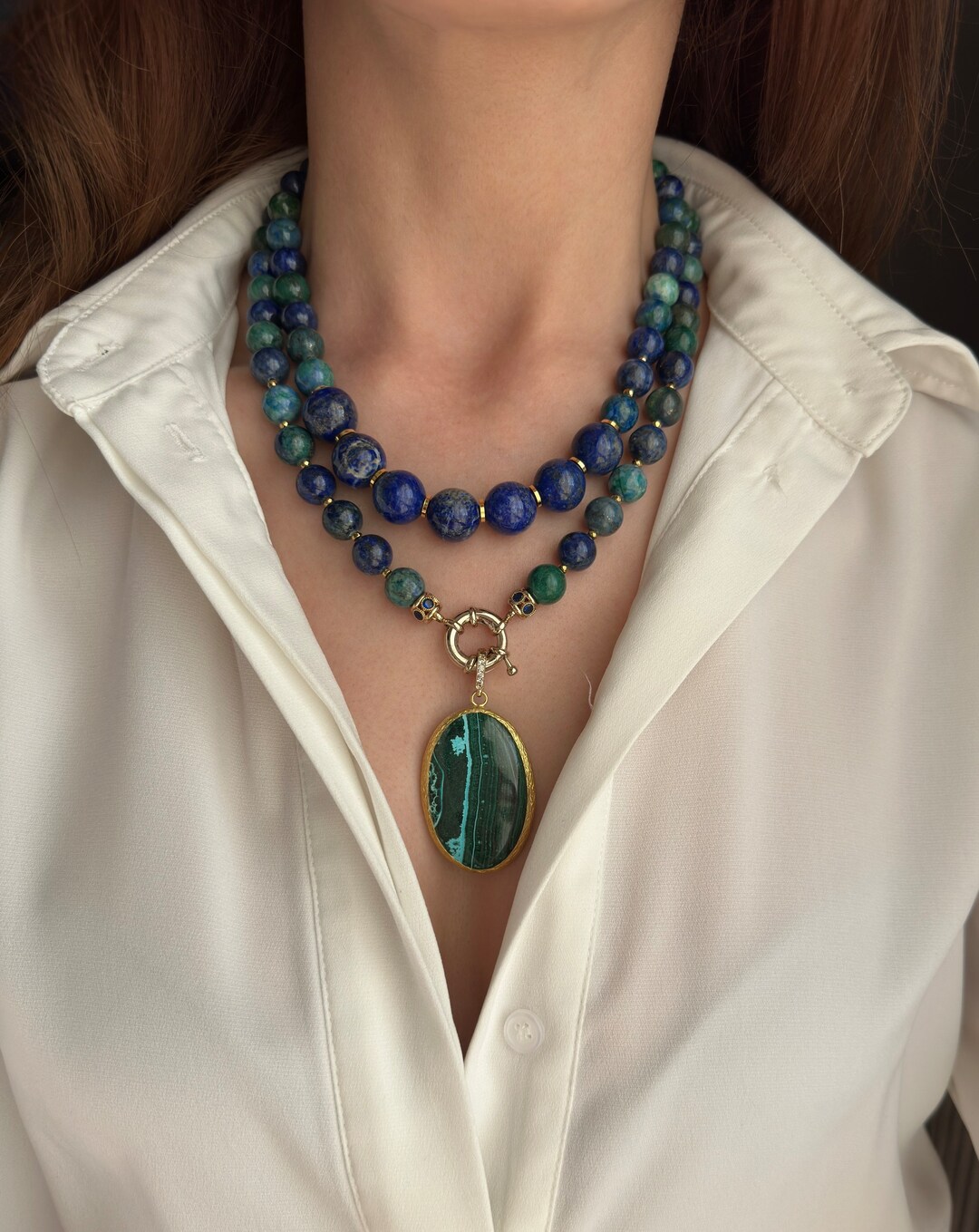 Azurite Necklace, Beaded Lapis Lazuli Jewelry for Women, Green and Blue ...