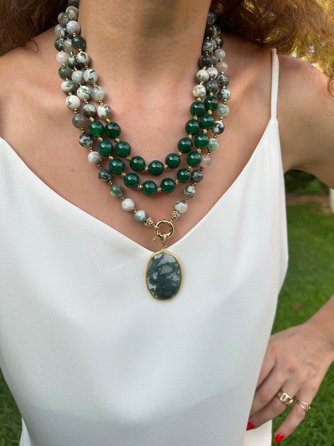 Moss Agate Necklaces, Unique Gemstone Jewelry, Big Bol Multistrand ...