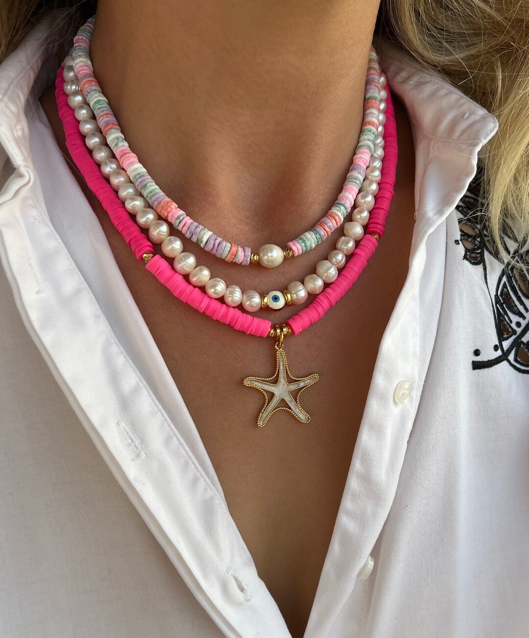 Fimo Beads Necklace Pink Fimo and Pearl Jewelry Handmade - Etsy