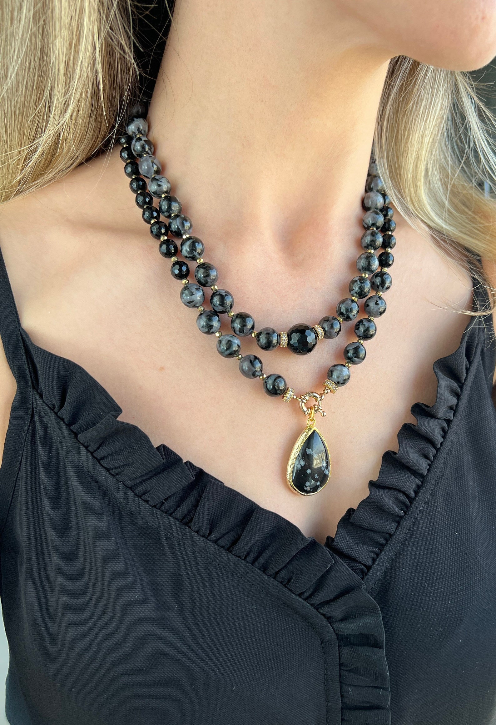 Obsidian Necklace Beaded Black and Grey Gemstone Necklace - Etsy