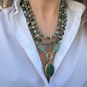 Variscite Necklace, Beaded Multistrand Gemstone Jewelry, Handmade Green ...
