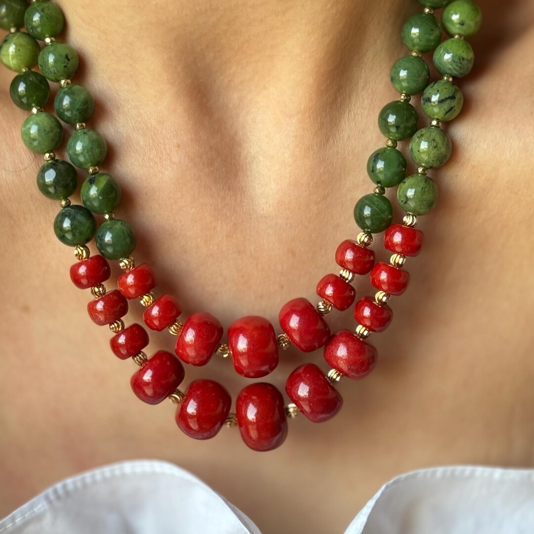 Red Coral Necklace, Handmade Deep Green Jade Necklace for Women, Beaded ...