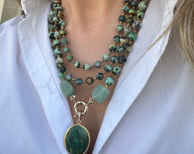 Variscite Necklace, Beaded Multistrand Gemstone Jewelry, Handmade Green ...