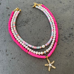 Fimo Beads Necklace Pink Fimo and Pearl Jewelry Handmade - Etsy