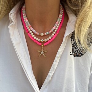 Fimo Beads Necklace Pink Fimo and Pearl Jewelry Handmade - Etsy