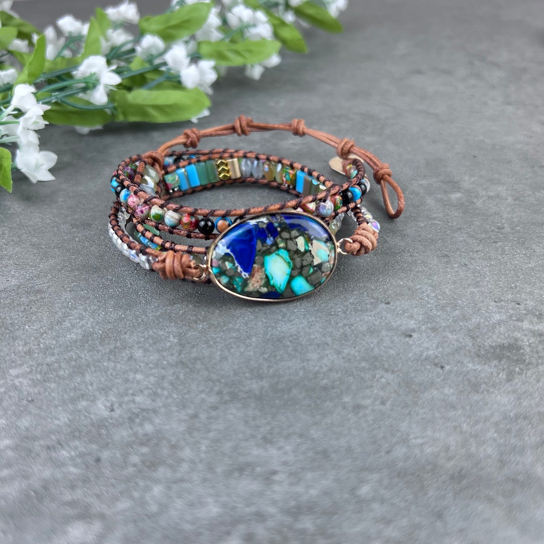 Azurite 3 Wrap Bracelet, Natural Gemstone Bracelet, Azurite Stone ...