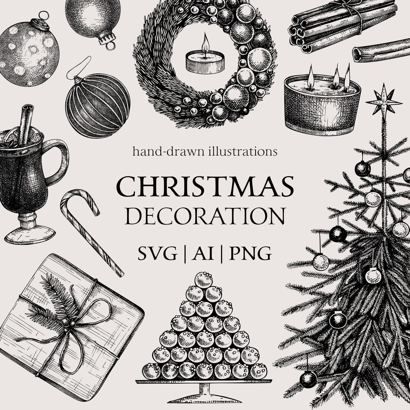 Retro Christmas Clipart: Hand-drawn Holiday Designs, Winter SVG, PNG ...