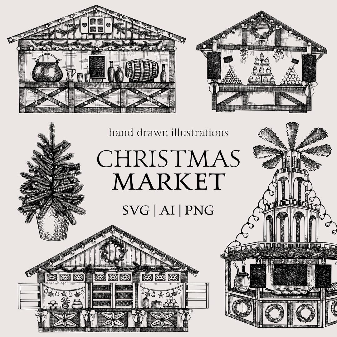 European Christmas Market SVG Files, Vintage Sketch Architecture Print ...