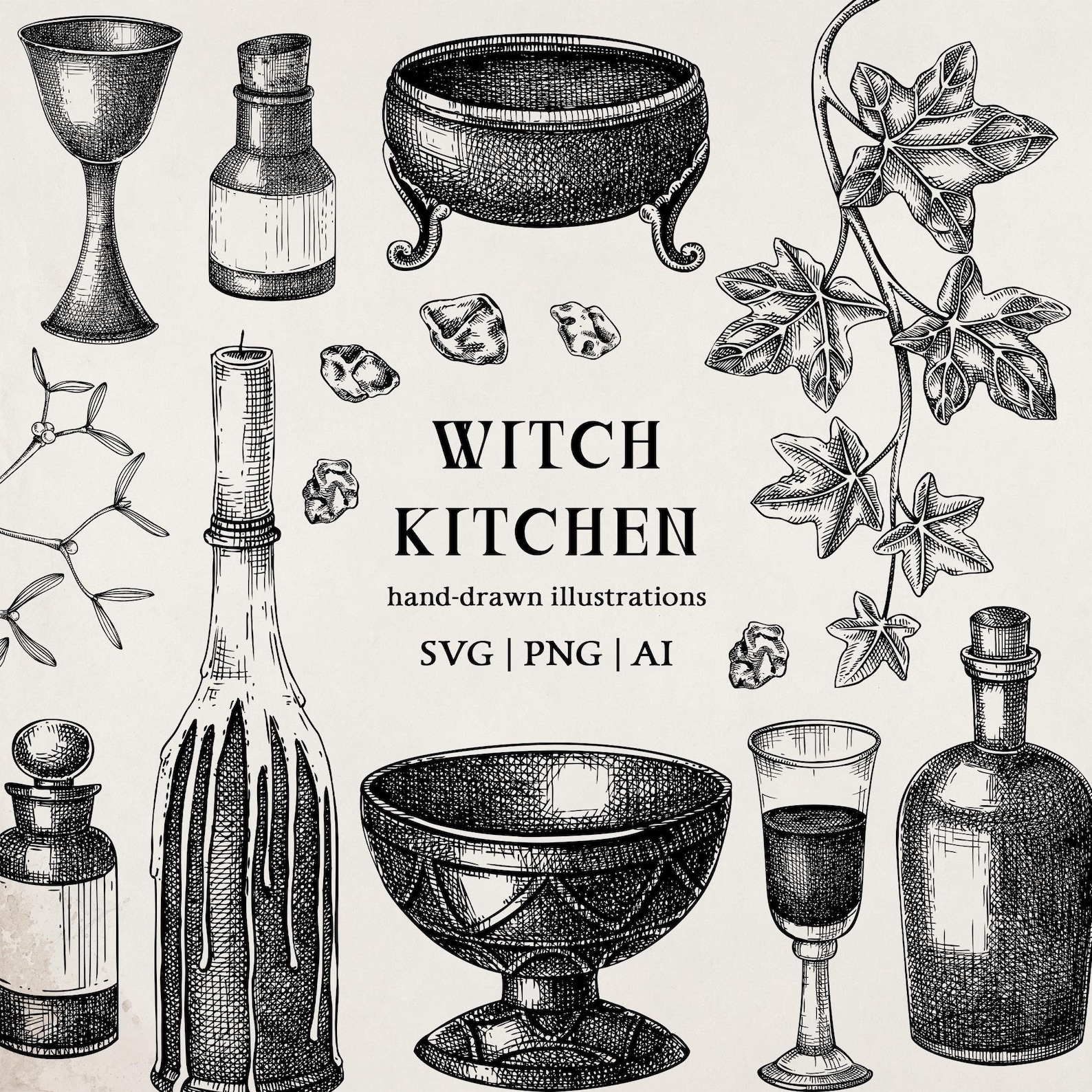 Kitchen Witch Clipart: Witchcraft Decor, Vintage Halloween, Hand Drawn ...