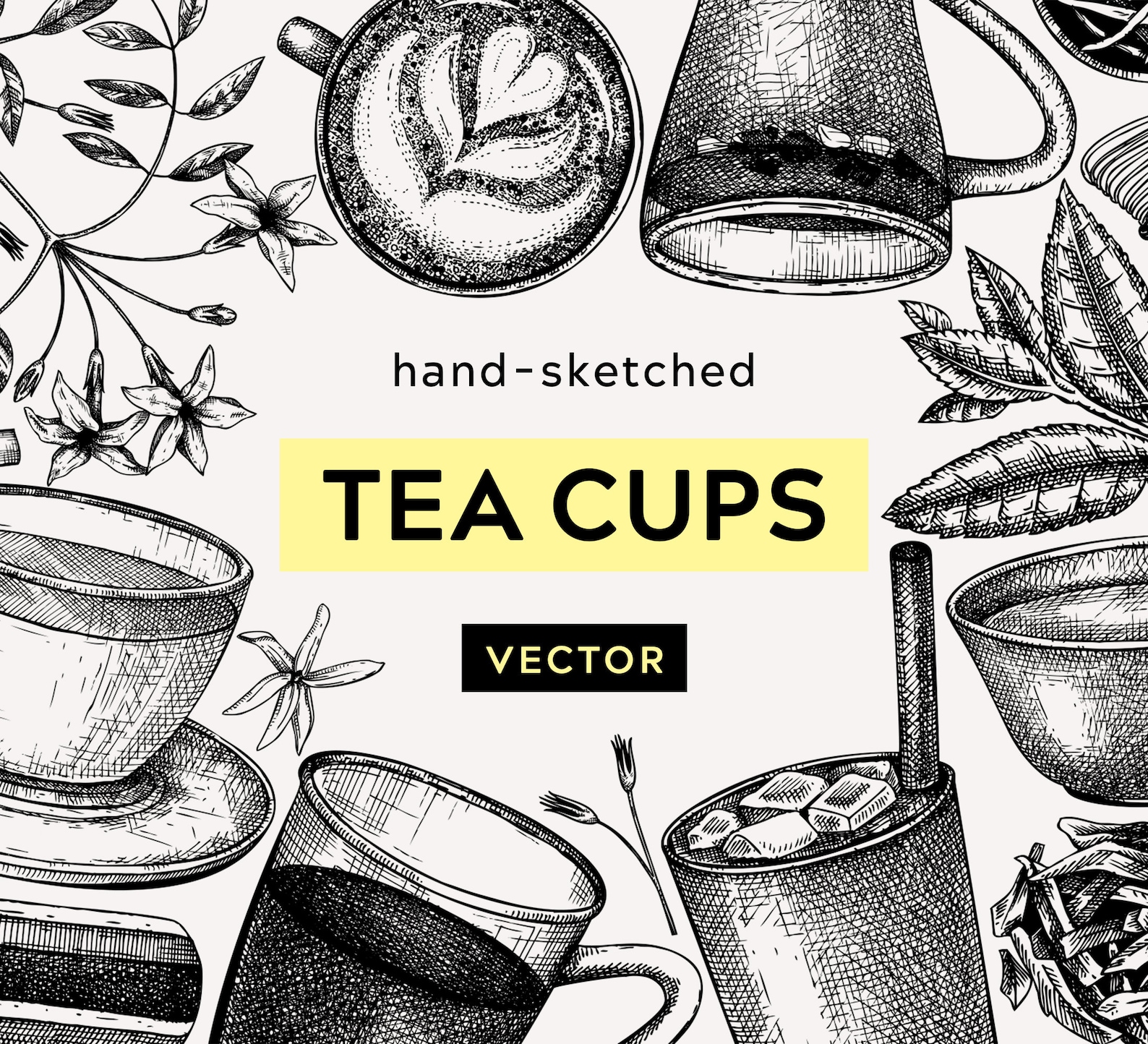 Tea Party Line Drawing. Vector Sketch Art. Matcha Bowl, Jasmine Plant ...