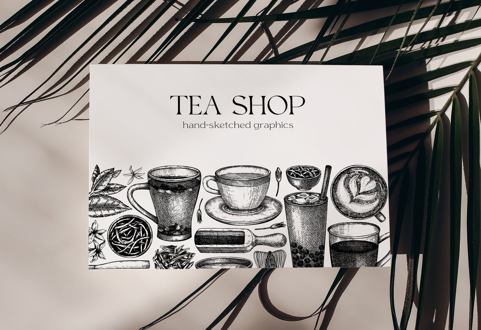 Tea Party Line Drawing. Vector Sketch Art. Matcha Bowl, Jasmine Plant ...