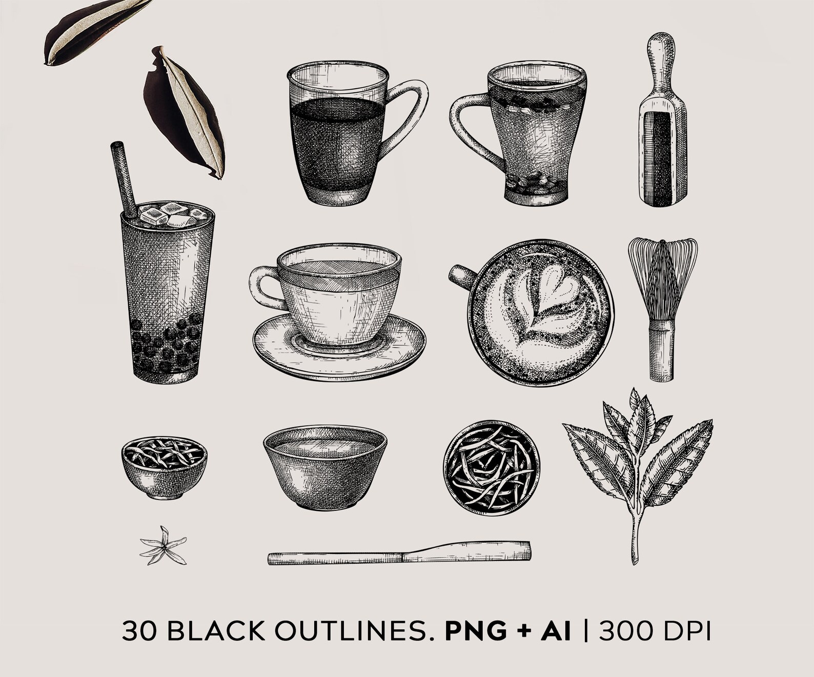 Tea Party Line Drawing. Vector Sketch Art. Matcha Bowl, Jasmine Plant ...