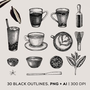 Tea Party Line Drawing. Vector Sketch Art. Matcha Bowl, Jasmine Plant ...