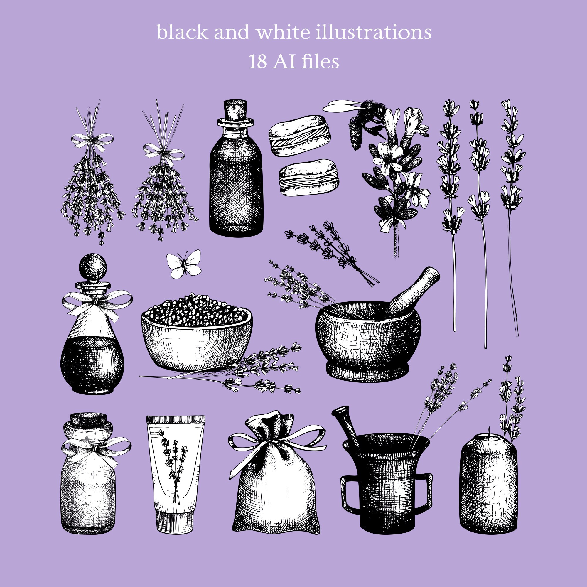 Lavender Clipart, Hand Drawn Flowers, Engraving Vector, Vintage Sketch ...