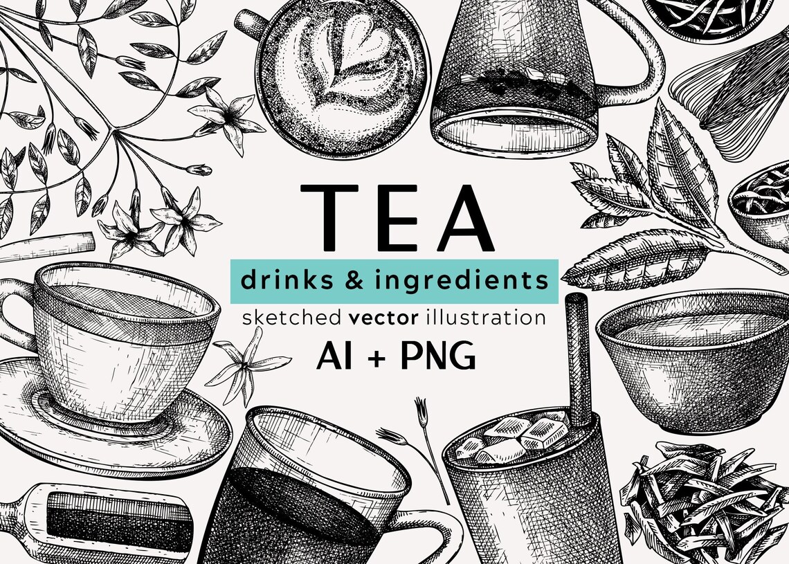 Tea Party Line Drawing. Vector Sketch Art. Matcha Bowl - Etsy