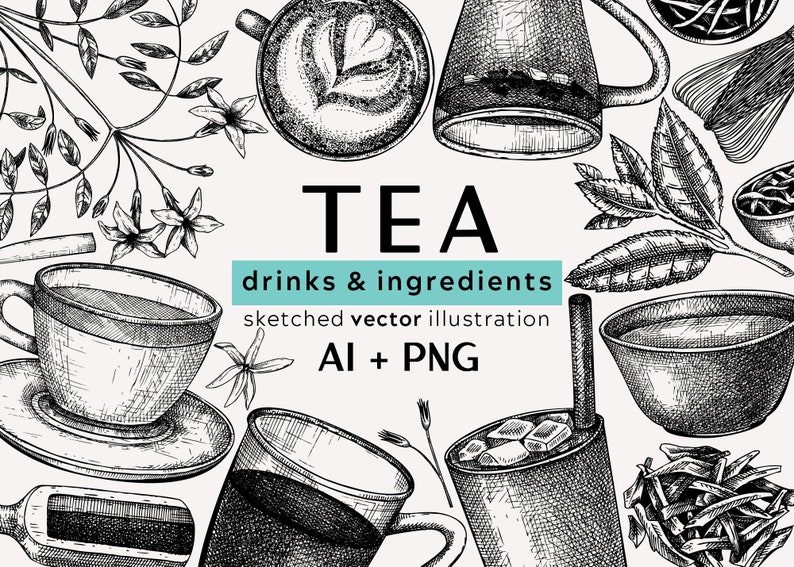 Tea Party Line Drawing. Vector Sketch Art. Matcha Bowl - Etsy