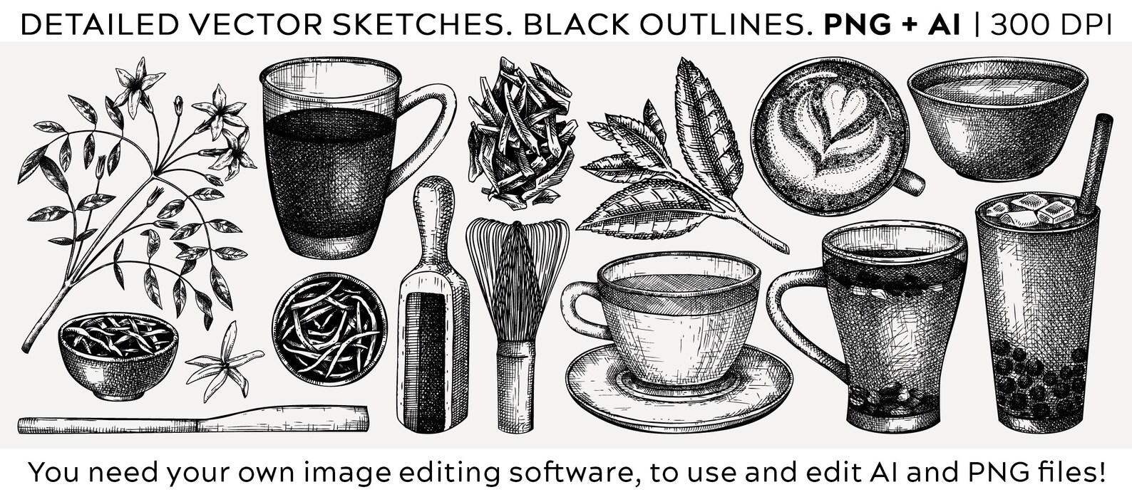 Tea Party Line Drawing. Vector Sketch Art. Matcha Bowl, Jasmine Plant ...