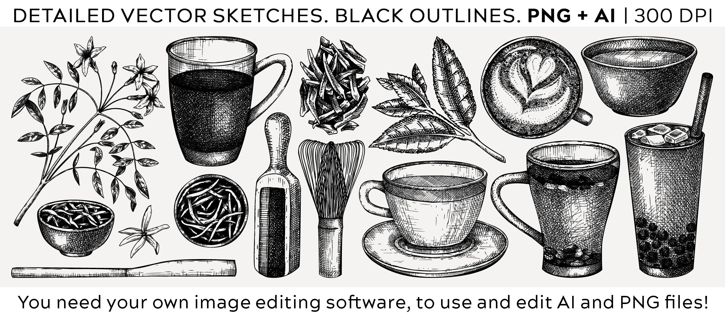 Tea Party Line Drawing. Vector Sketch Art. Matcha Bowl, Jasmine Plant ...