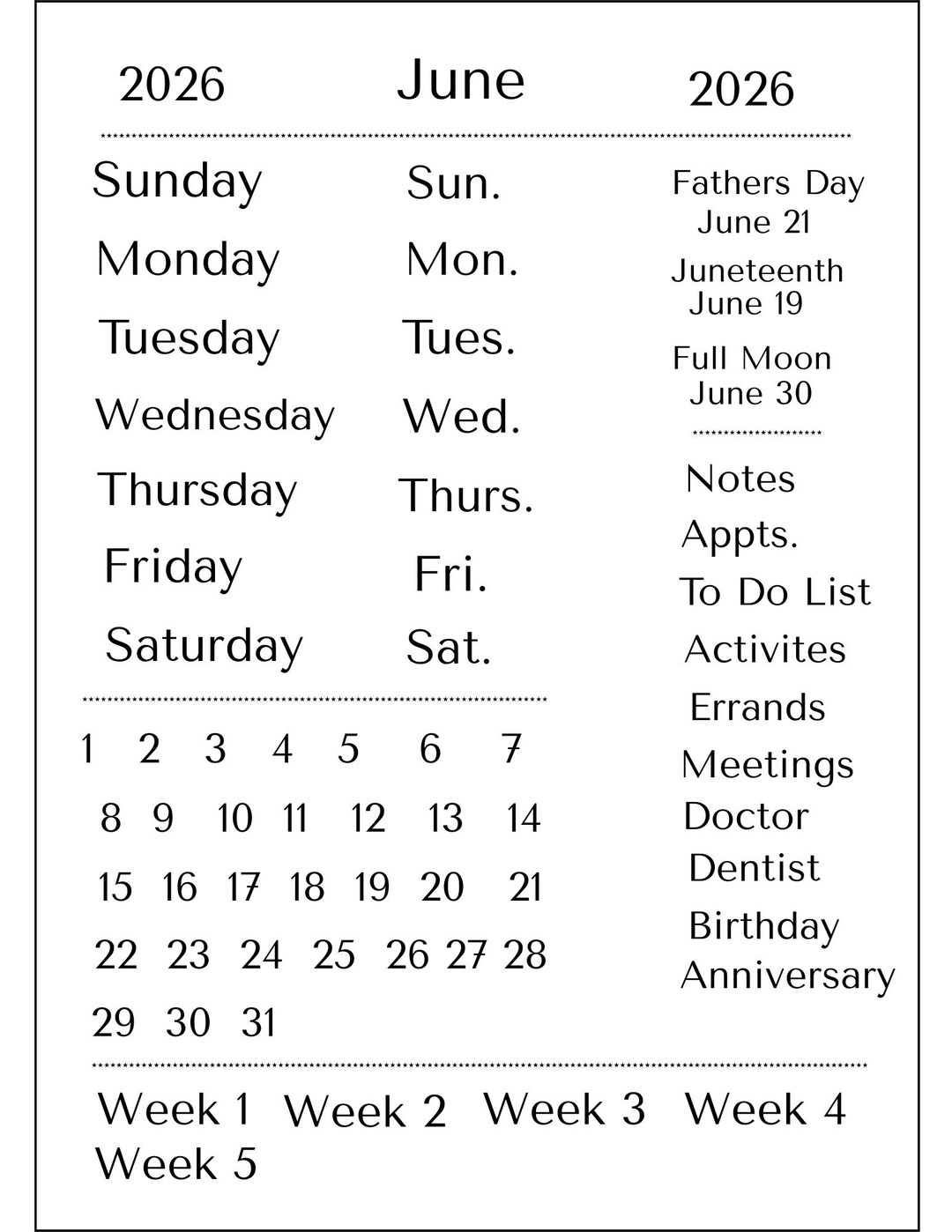 2026 June Digital Monthly Calendar/planner Words, Weeks, Days, Reminder ...