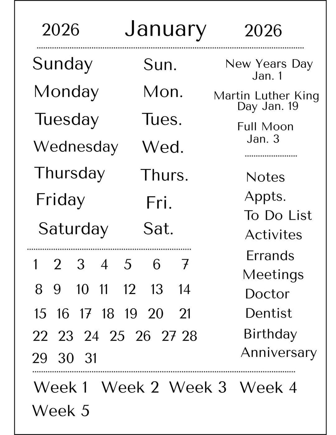 2026 January Digital Monthly Calendar/planner Words, Weeks, Days ...