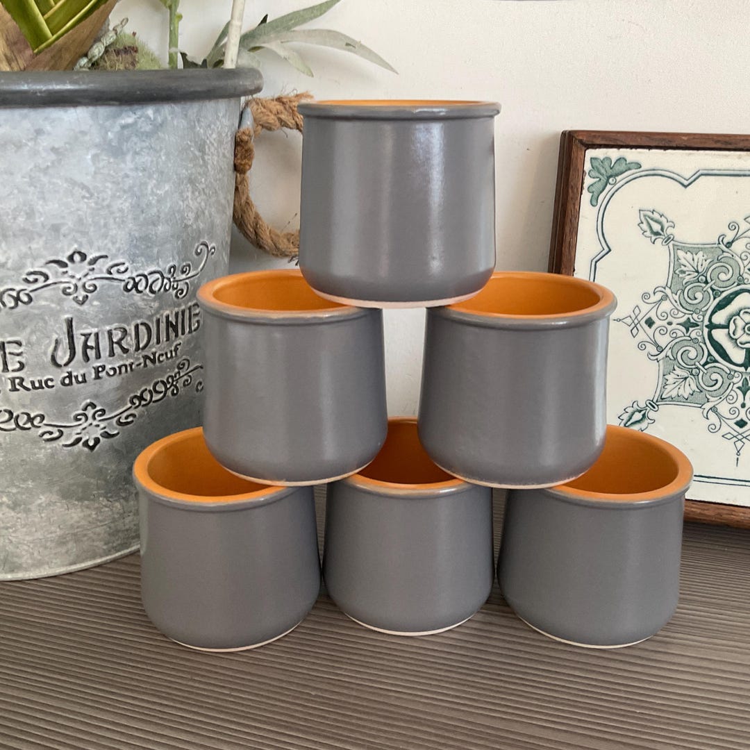 Vintage Grey and Orange Cermer Yogurt Pots, Glazed Clay French Yogurt ...