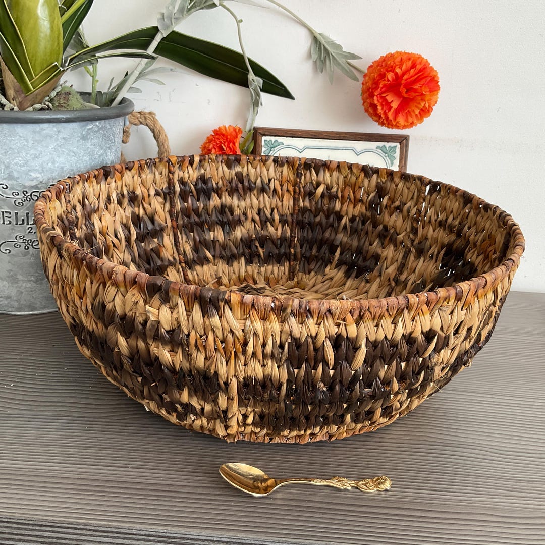 Large Hand Woven Raffia Basket: Vintage Boho Storage Bowl - Etsy