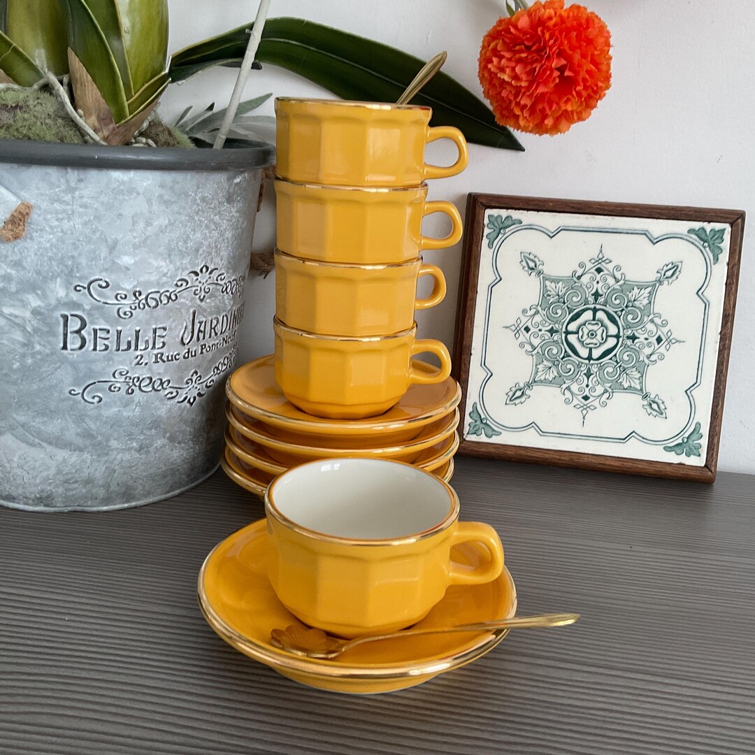 REVOL France Mustard Yellow Tea Cup and Saucer With Gold Spoon - Etsy India