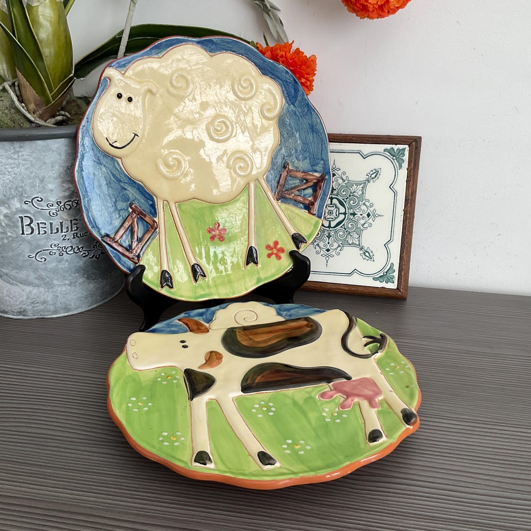 Pair Cute Farmyard Animal Plates, Sheep and Cow Decorative Plates, Wall ...