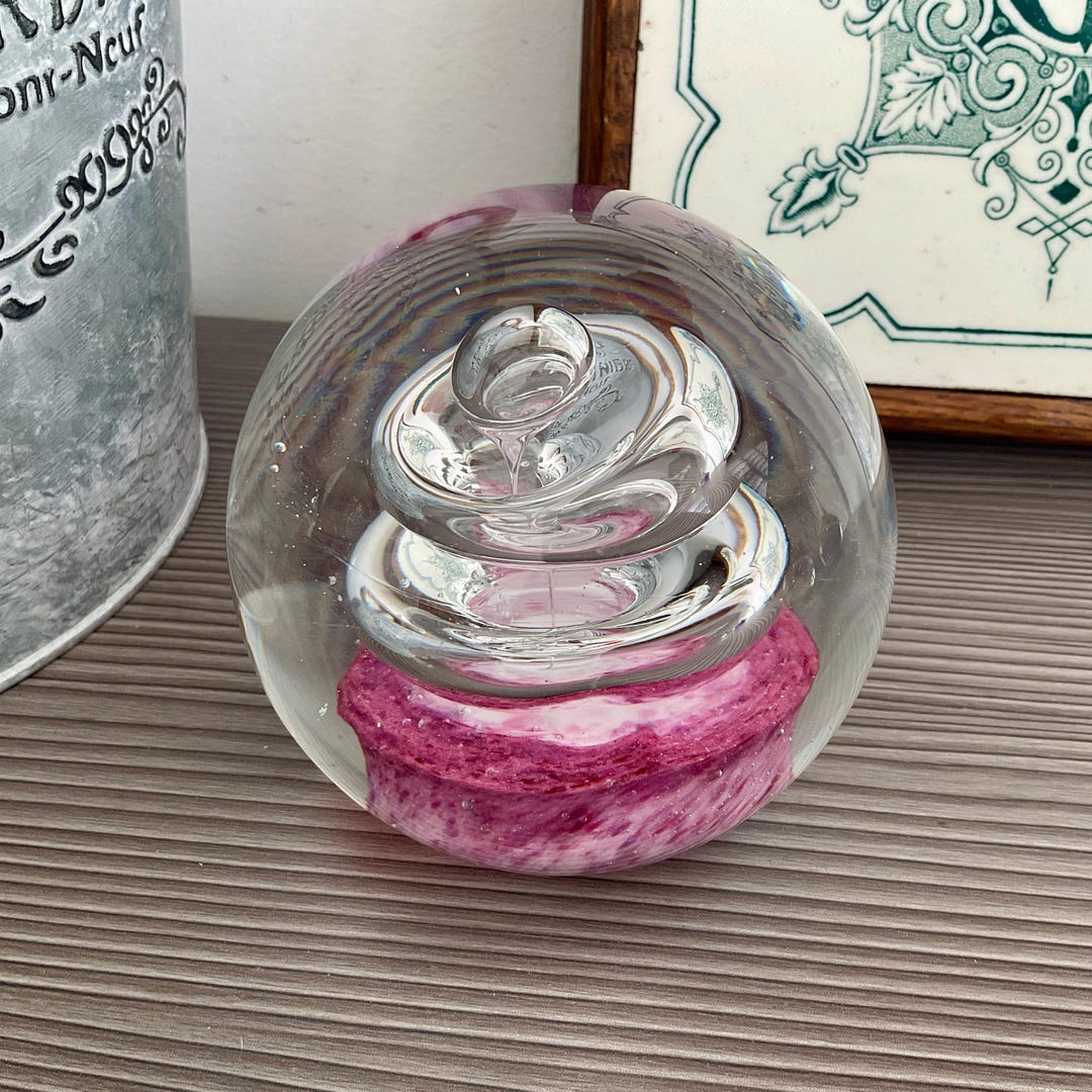 Pretty Pink Swirl Glass Paperweight, Vintage Round Clear and Pink With ...
