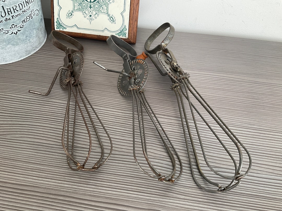 3 X Vintage French Metal Hand Whisk, Manual Balloon Rotary Wire Egg ...