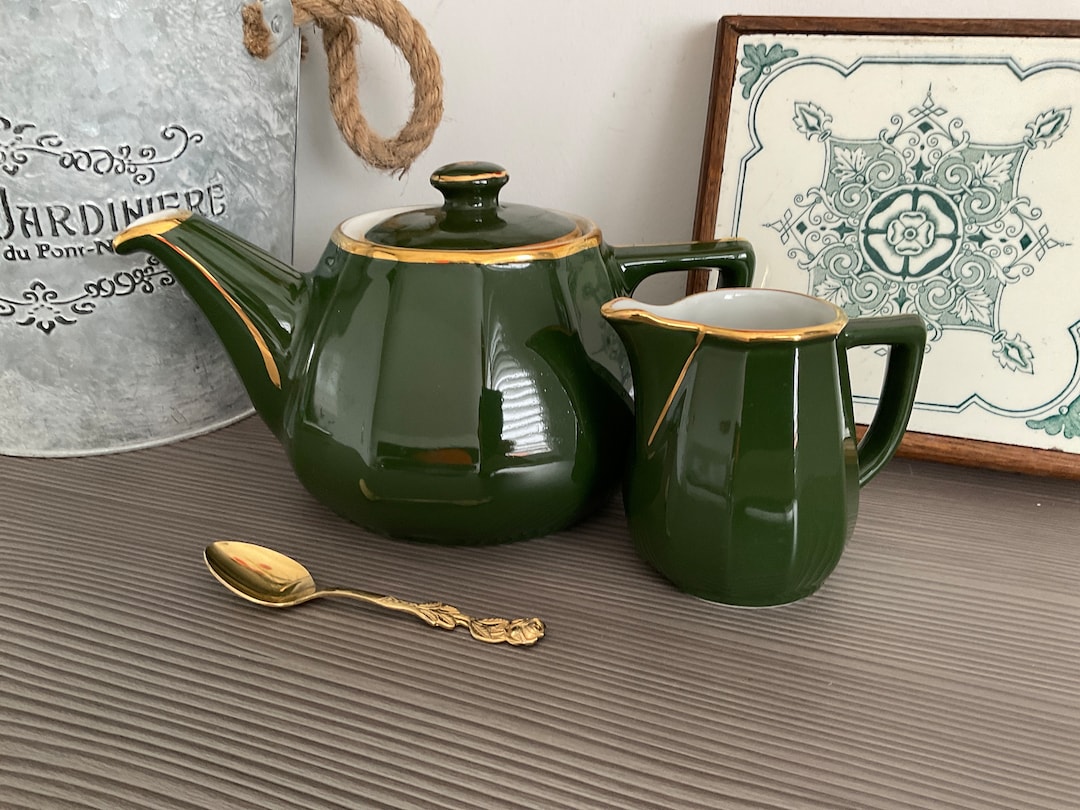 Reserved for Karine Apilco TEAPOT Green and Gold, Creamer, 2 Cups and ...