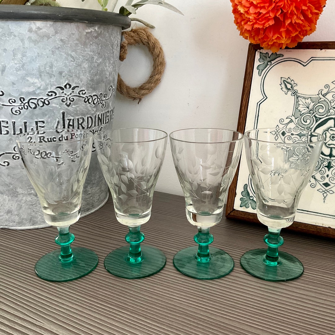 4 Vintage Etched Port/sherry Glasses, Bluey Green Stemed Shot Glasses ...