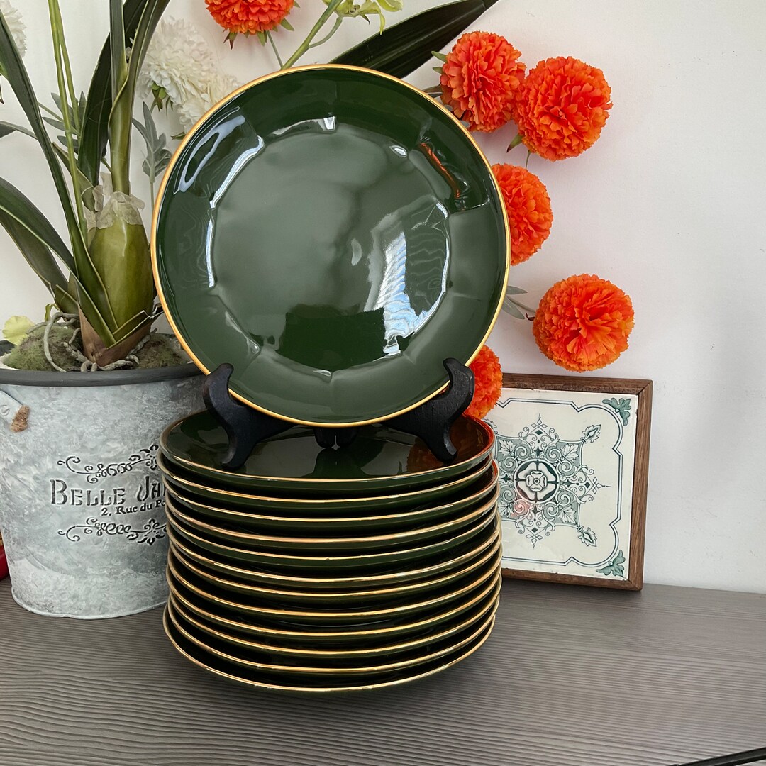 2 X Authentic APILCO Dinner Plates , Large Green and Gold Bistro Ware ...
