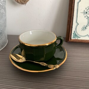 Authentic APILCO Coffee Cup and Saucer, Vintage Green and Gold Bistro ...