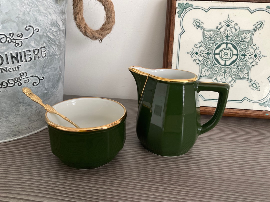 Authentic APILCO Flora/bistro Ware Green and Gold Creamer and Open ...