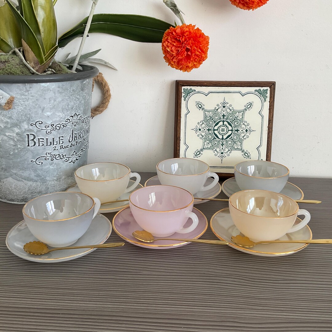 Vintage ARCOPAL Harlequin Tea Cups and Saucers With Gold Spoons, French ...