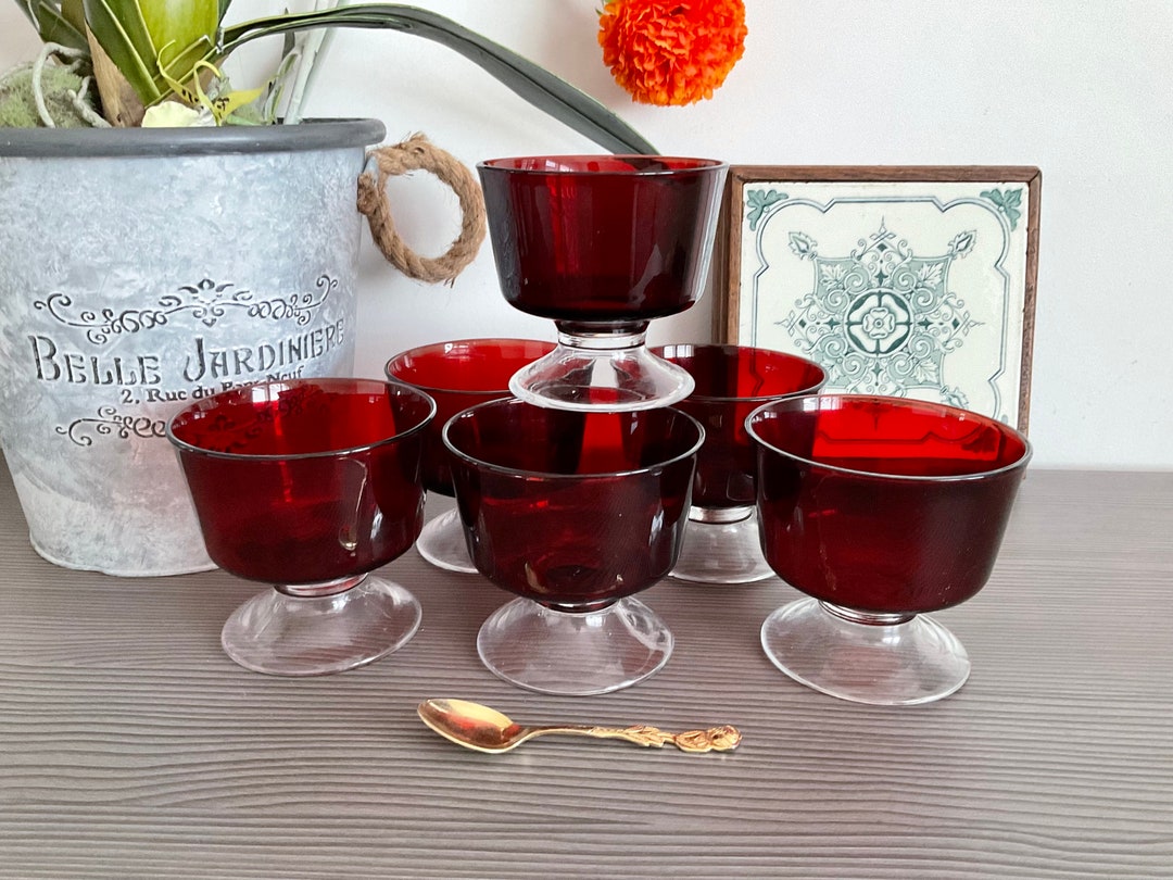 6 X Vintage Cranberry Glass Sundae Dishes, Prawn Cocktail Dishes, Red ...