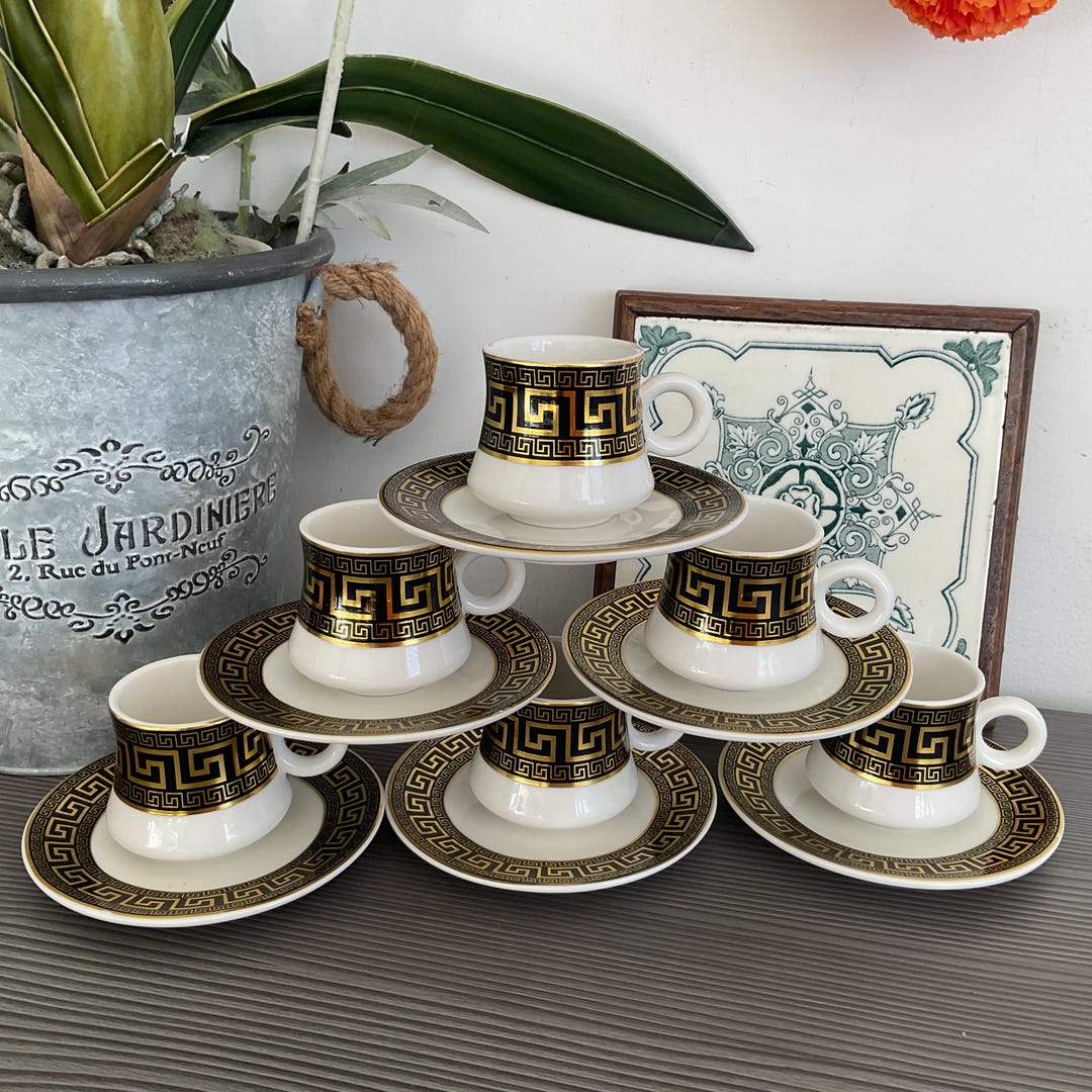 Stylish Black & Gold “greek Key”espresso Cups and Saucers Boxed Versace ...
