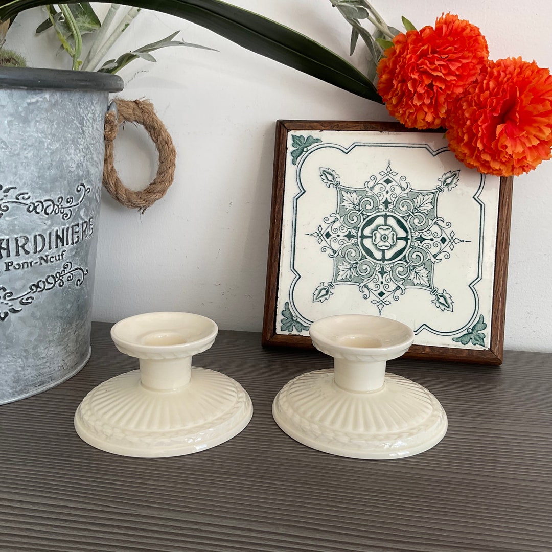 Pair Wedgwood EDME Low Candle Holders, English Creamware, Elegant ...
